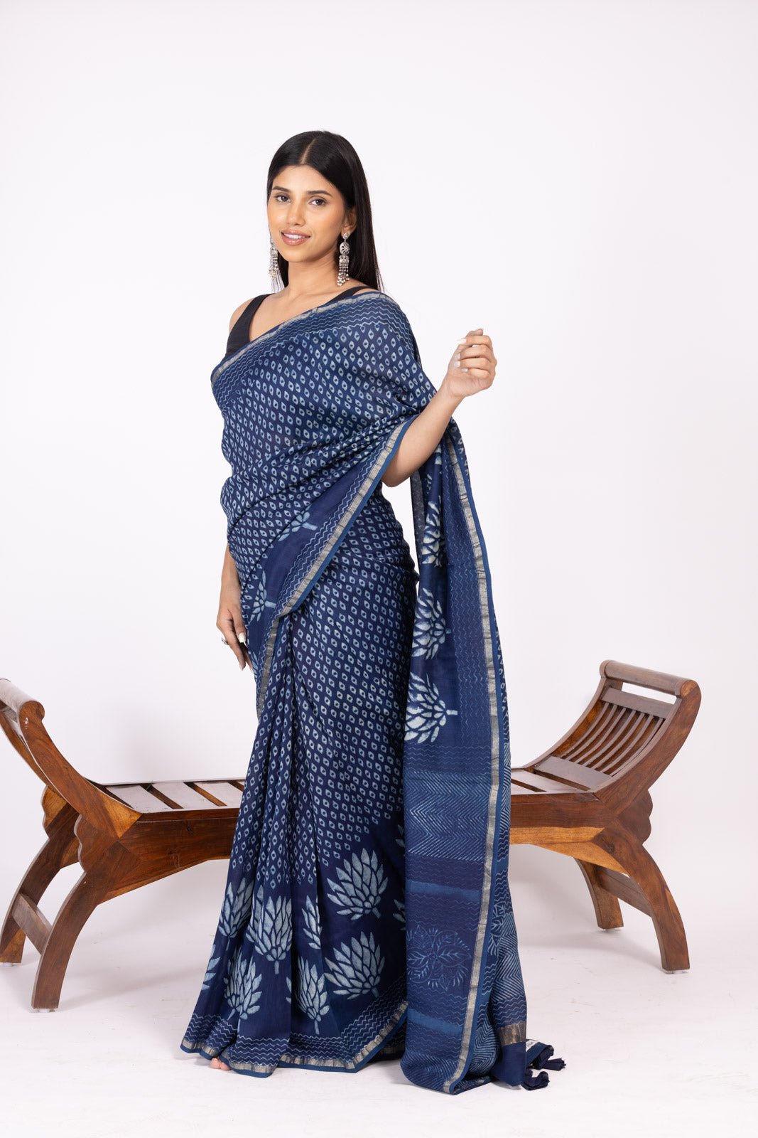 Indigo Dew Hand Block Print Saree - Tilohri
