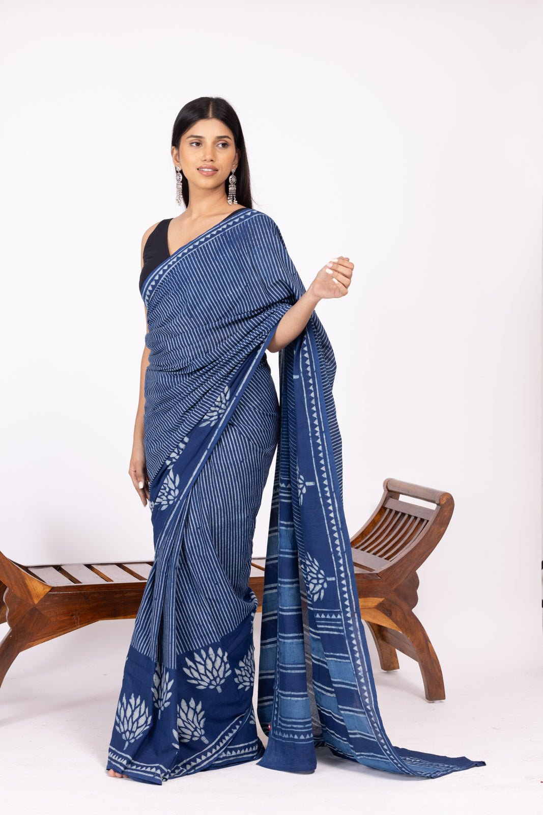 Indigo Thin Striped Hand Block Print Saree - Tilohri